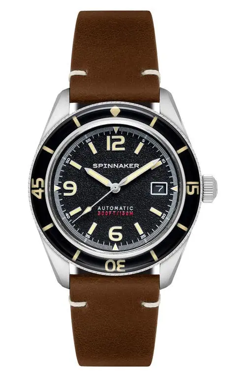 SPINNAKER Fleuss Automatic Leather Strap Watch - Black