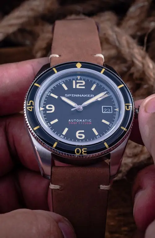 SPINNAKER Fleuss Automatic Leather Strap Watch - Black