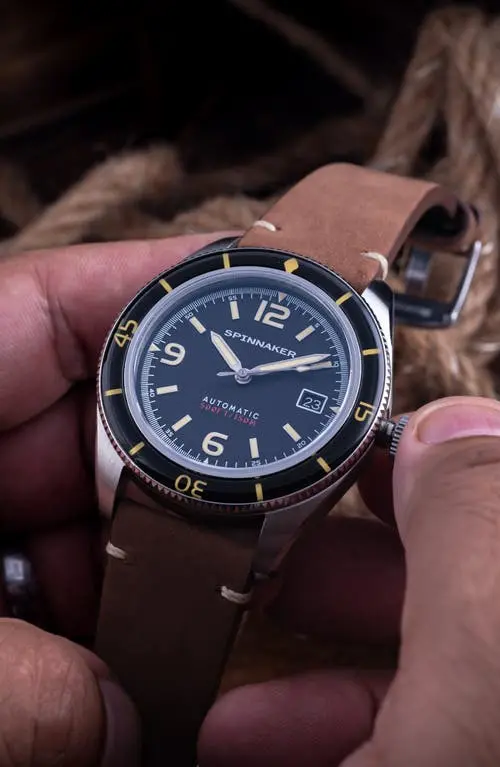 SPINNAKER Fleuss Automatic Leather Strap Watch - Black