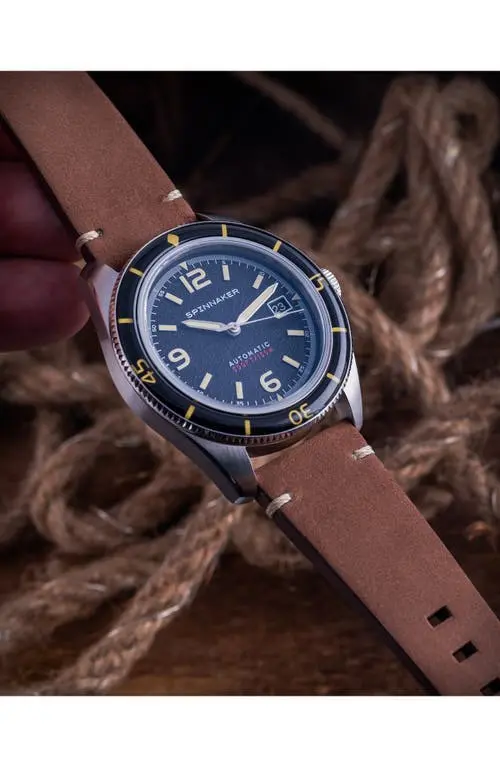 SPINNAKER Fleuss Automatic Leather Strap Watch - Black