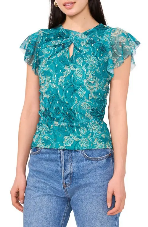 Vince Camuto Flutter Sleeve Clip Dot Mesh Top - Cool Lapis