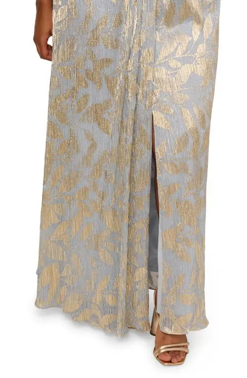 adrianna papell gold leaf dress Gold Foil Leaf Short Sleeve Gown With Draped Details