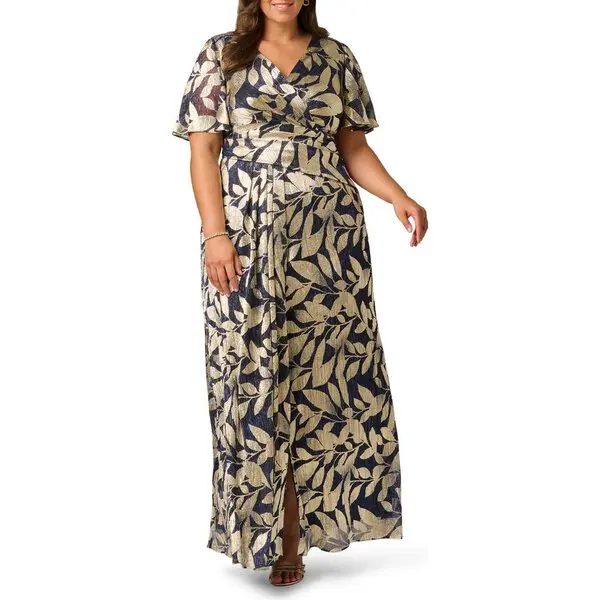 Adrianna Papell Metallic Leaf Jacquard Draped Gown - Navy/gold