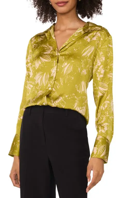 Vince Camuto Charmeuse Tropical Print Button-up Top