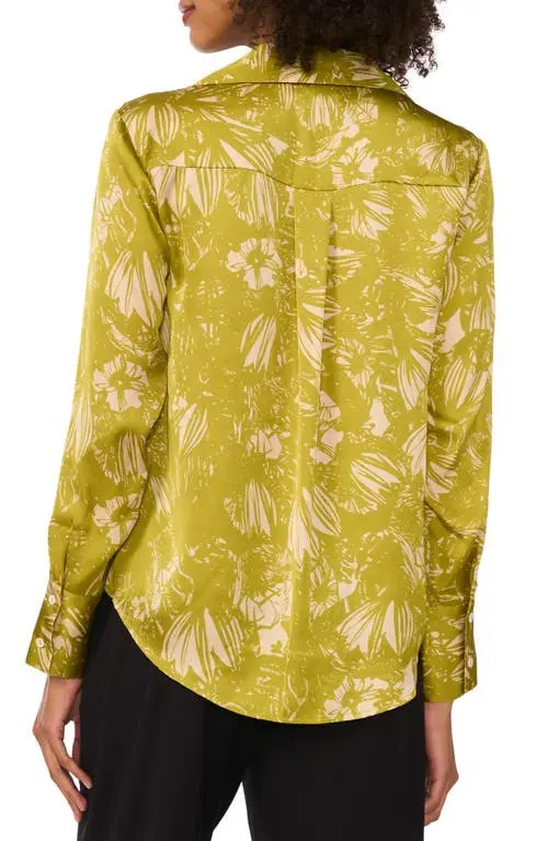 Vince Camuto Charmeuse Tropical Print Button-up Top