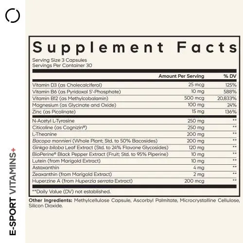 CODEAGE E-sport Vitamins+ Citicoline Cognizin, Bacopa Monnieri, L-theanine, Ginkgo