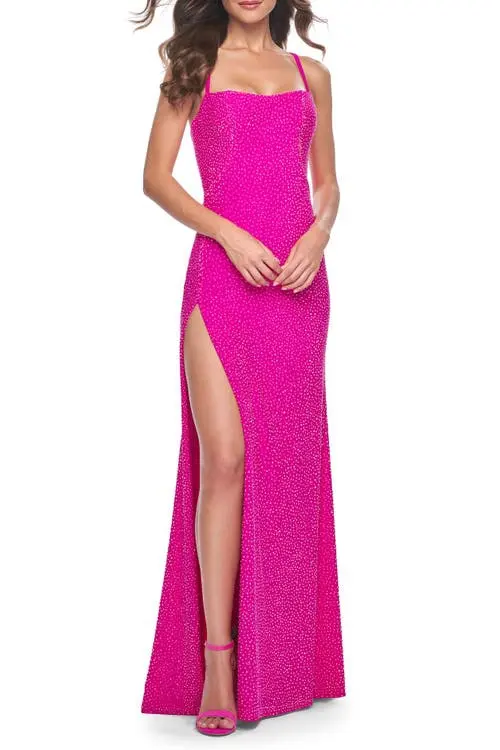 La Femme Rhinestone-embellished Jersey Gown - Hot Fuchsia