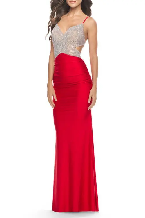 La Femme Ruched Gown With Rhinestone Bodice - Red