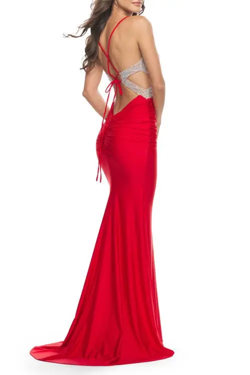 La Femme Ruched Gown With Rhinestone Bodice - Red