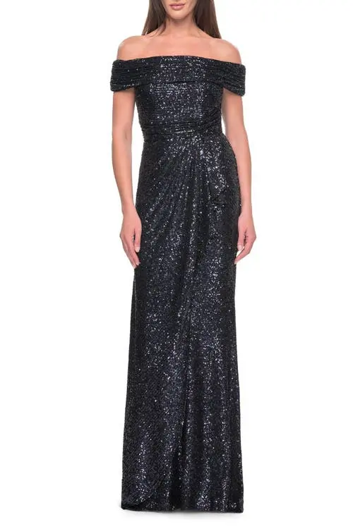 La Femme Off-the-shoulder Sequin Gown