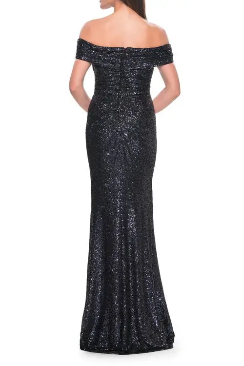 La Femme Off-the-shoulder Sequin Gown