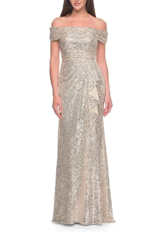 La Femme Off-the-shoulder Sequin Gown - Silver