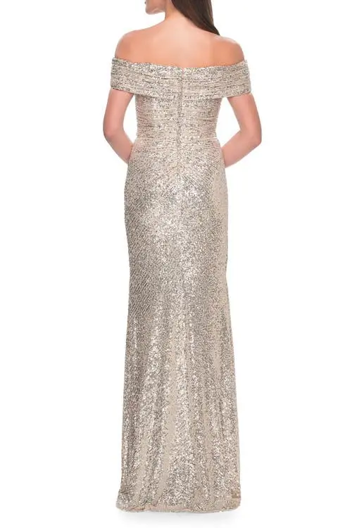La Femme Off-the-shoulder Sequin Gown - Silver