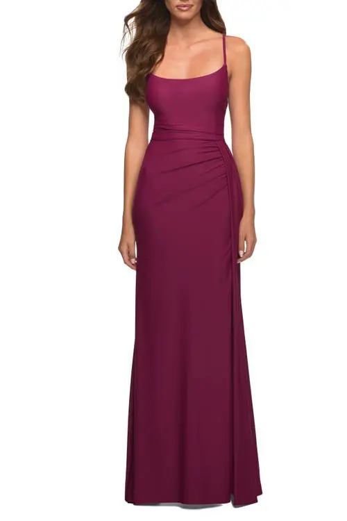 La Femme Jersey Luxe Gown With Draped Slit