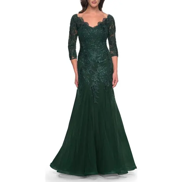 La Femme Mermaid Lace And Tulle Gown - Emerald