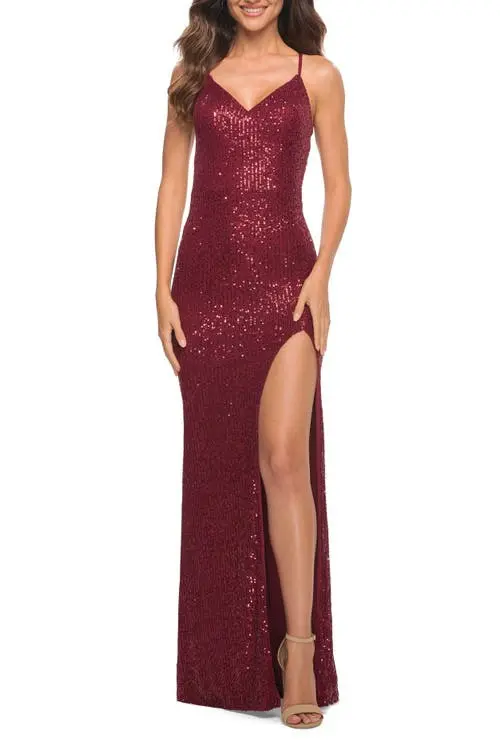 La Femme Sequin Gown With Open Back - Wine
