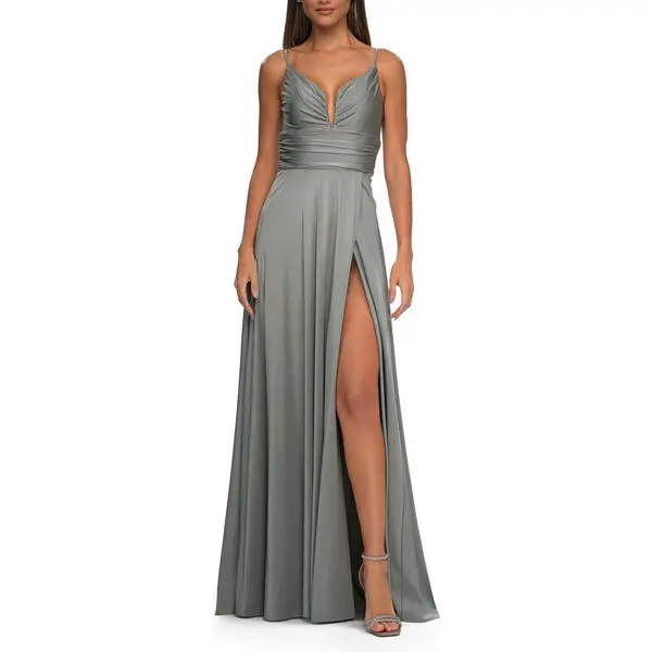 La Femme Long Jersey Gown With Slit - Silver