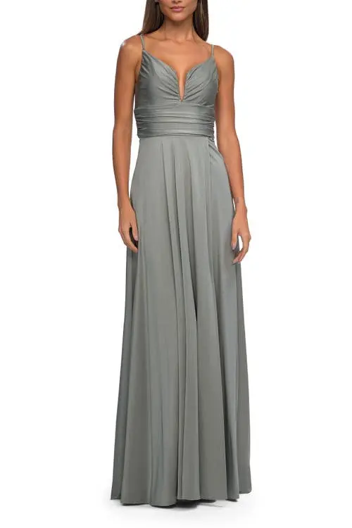 La Femme Long Jersey Gown With Slit - Silver