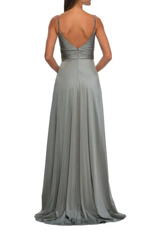 La Femme Long Jersey Gown With Slit - Silver