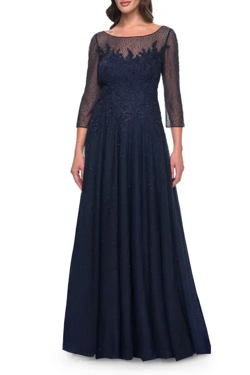 La Femme Rhinestone Embellished A-line Evening Dress - Navy
