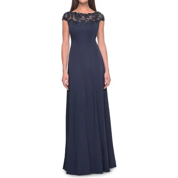 La Femme A-line Satin Gown With Beaded Neckline - Navy