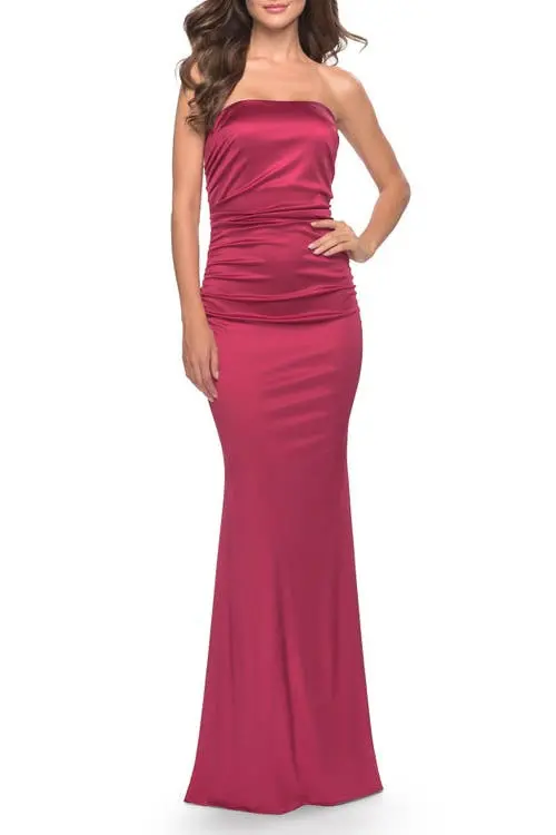 La Femme Strapless Liquid Jersey Gown - Deep Red