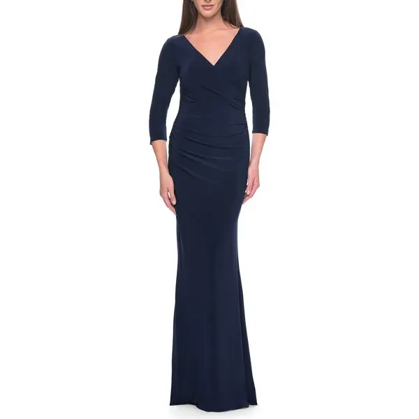 La Femme Long Evening Dress With Wrap Neckline - Navy