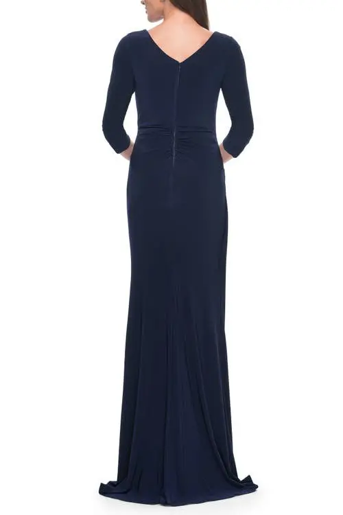 La Femme Long Evening Dress With Wrap Neckline - Navy