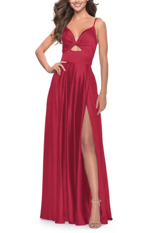 La Femme Satin A-line Gown With Cut Out Bodice - Red
