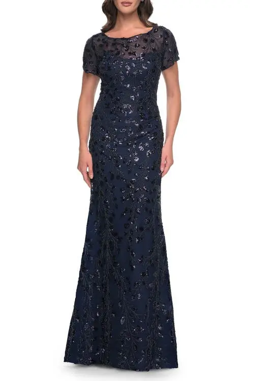 La Femme Beaded Sequin Evening Gown - Navy