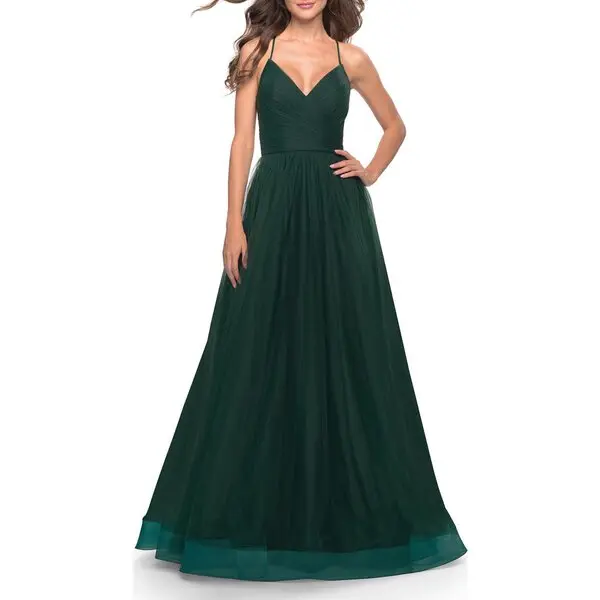 La Femme Long Tulle A-line Gown With Slit And Pockets - Dark Emerald