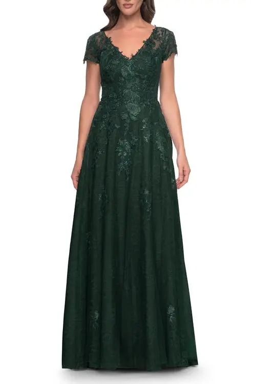 La Femme A-line Gown With Lace Appliqué And Illusion Sleeves - Emerald
