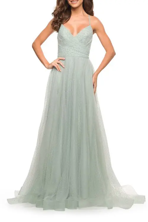 La Femme Rhinestone Tulle Ballgown With Slit And Lace Up Back - Sage