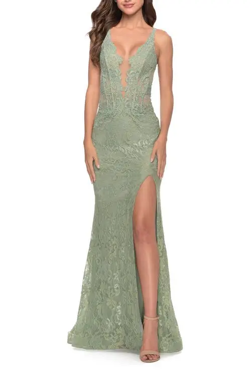 La Femme Fitted Stretch Lace Gown With Deep V And Beading - Sage