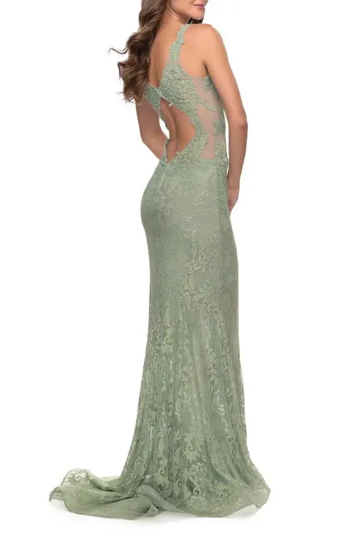La Femme Fitted Stretch Lace Gown With Deep V And Beading