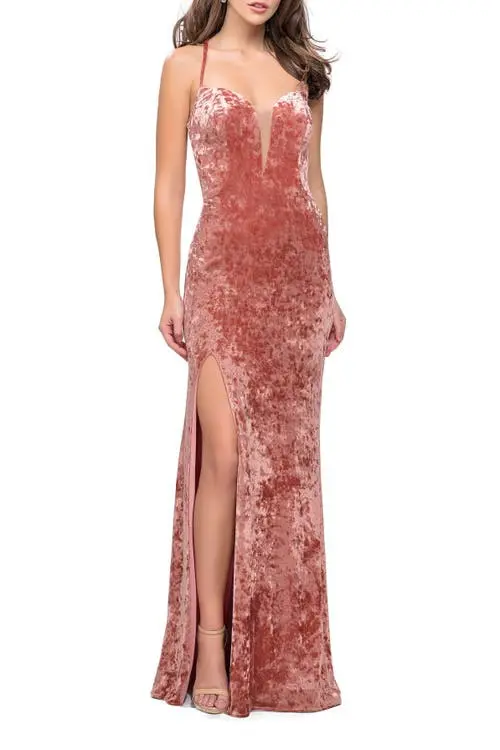 La Femme Crushed Velvet Gown With Leg Slit And Open Back - Blush