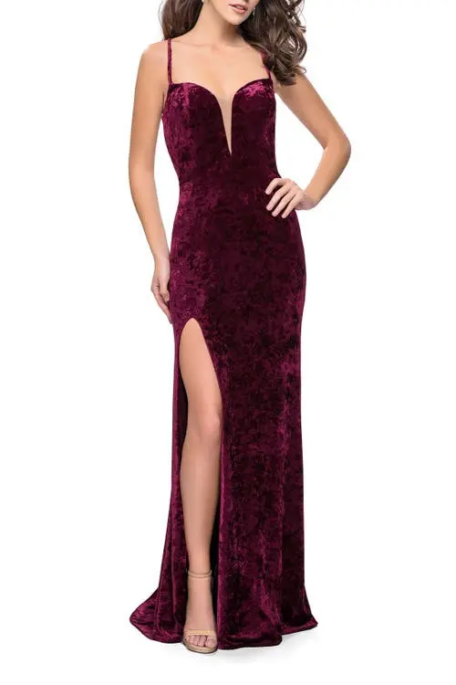 La Femme Crushed Velvet Gown With Leg Slit And Open Back - Wine