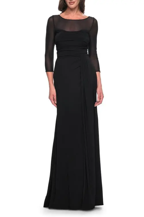 La Femme Evening Dress With Illusion Neckline - Black