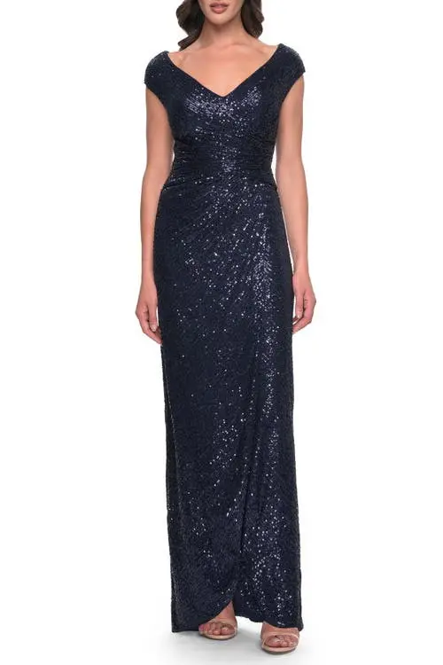 La Femme Sequin Evening Dress - Navy