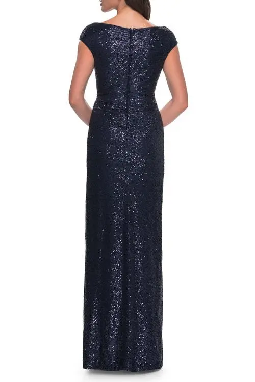 La Femme Sequin Evening Dress - Navy