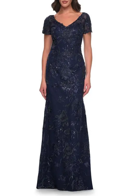 La Femme Beaded Long Gown With Short Sleeves And V Neck - Navy