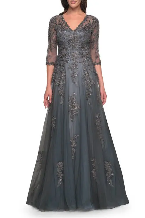 La Femme A-line Tulle And Lace Dress With Sleeves - Gray