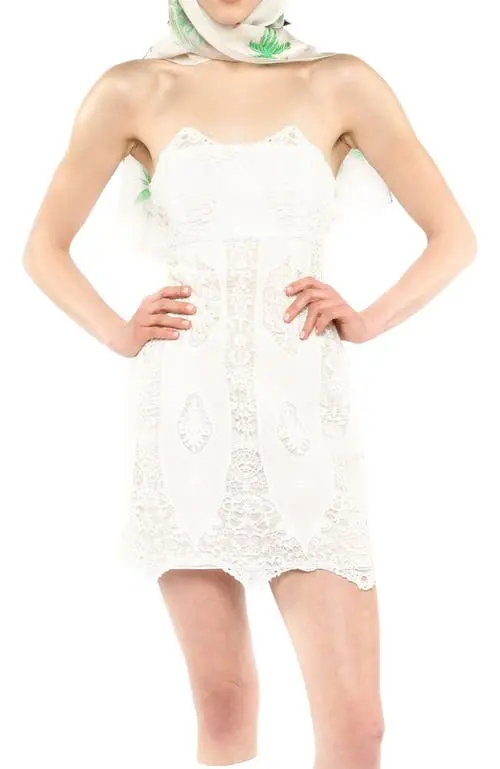 Anna Sui Applique Lace Combo Strapless Dress - White