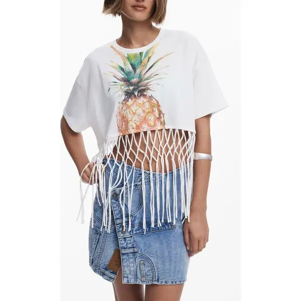 Desigual Graphic Cropped T-shirt With Braided Fringe