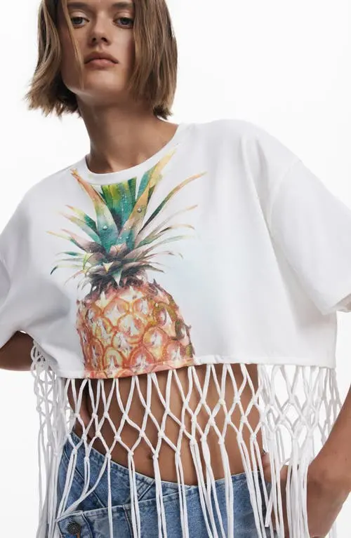 Desigual Graphic Cropped T-shirt With Braided Fringe