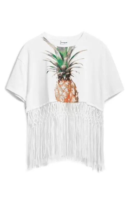 Desigual Graphic Cropped T-shirt With Braided Fringe