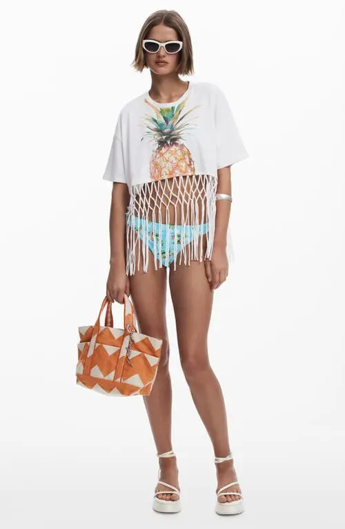 Desigual Graphic Cropped T-shirt With Braided Fringe
