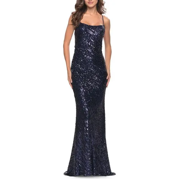 La Femme Long Sequin Gown With Lace-up Back - Navy