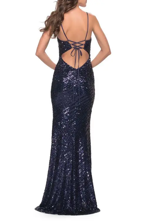 La Femme Long Sequin Gown With Lace-up Back - Navy