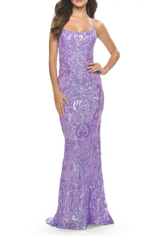 La Femme Print Sequin Gown - Lavender